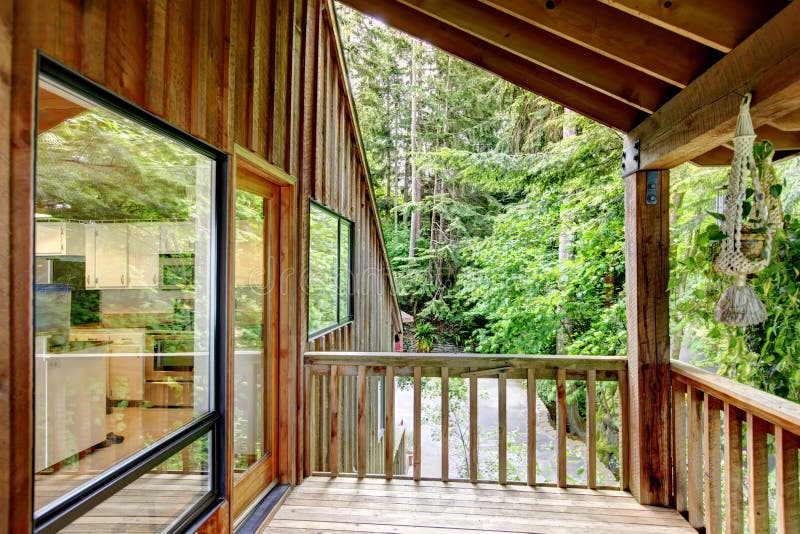 Walkout Deck in Log Cabin House Stock Photo - Image of northwest, house ...