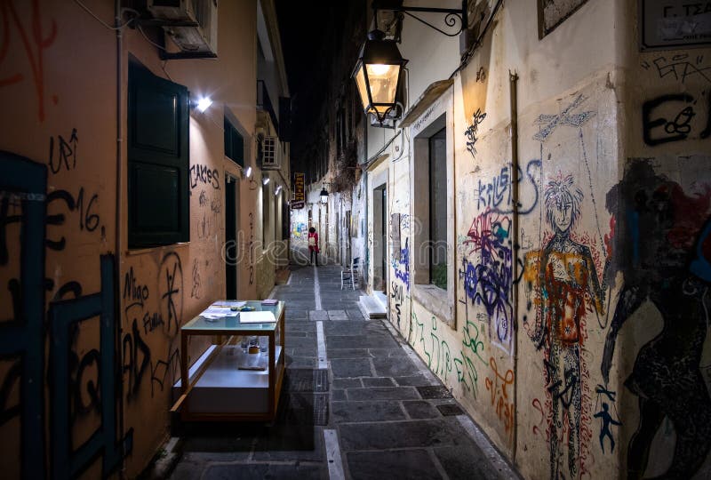 Walks in the Old City. Night Island of Crete Stock Image - Image of ...