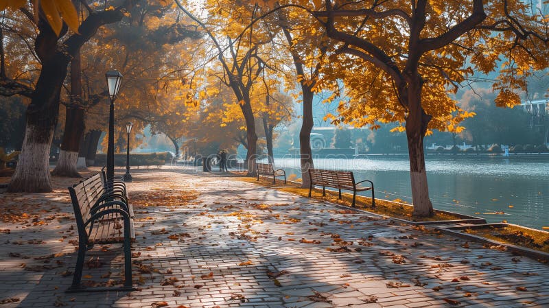 Walkway with Benches, Fall Foliage by Lake Stock Illustration ...