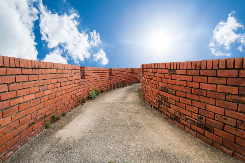 Walkway through Brick Walls with Sky Stock Image - Image of park ...