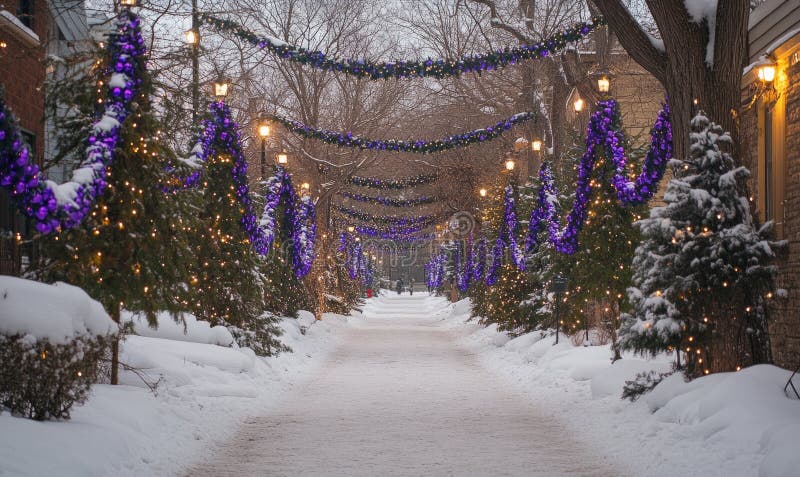A Walkway with Christmas Lights and Trees Stock Illustration ...