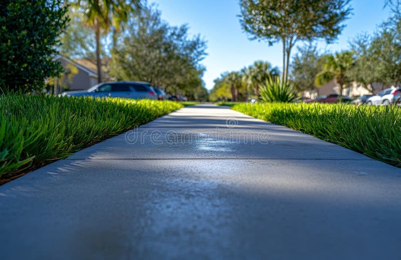 A Walkway in Front of a Line of Houses with Vehicles Parked Alongside ...