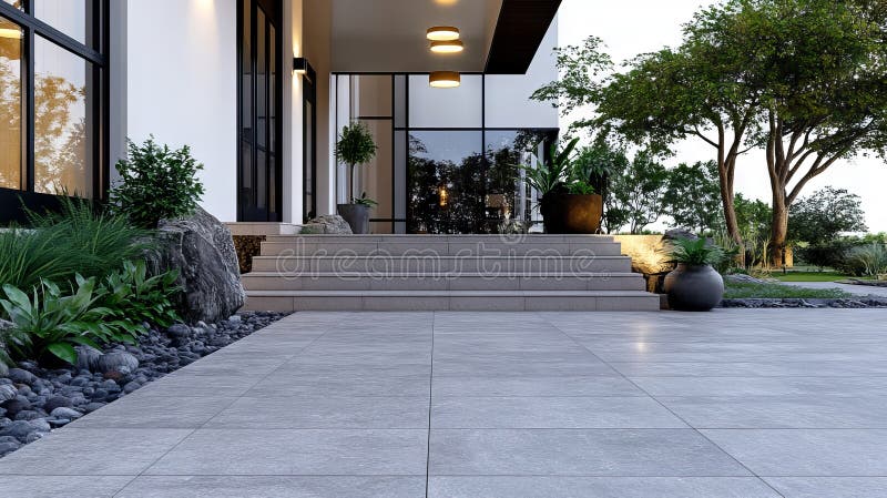 A Walkway in Front of a Modern House with Steps Leading Up To the Front ...