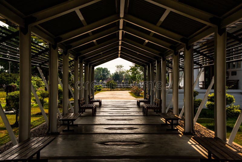 Walkway with gable frame stock photo. Image of exterior - 147188070