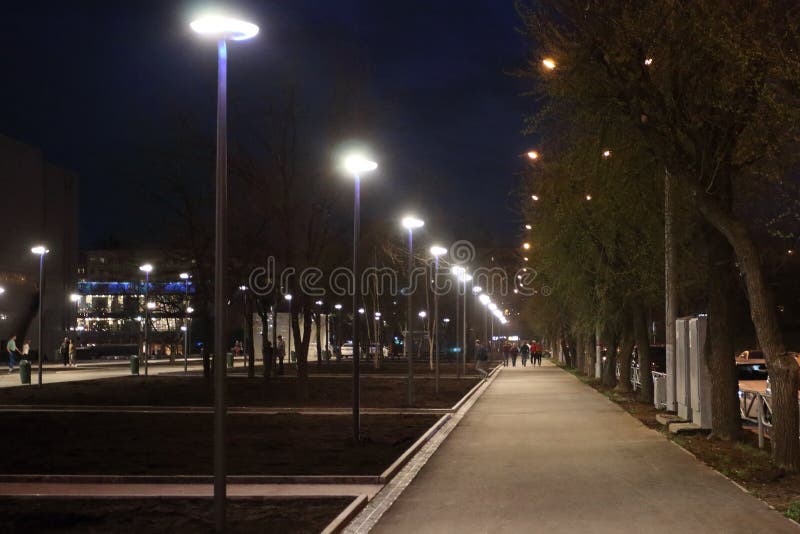 Walkway with Lanterns and Trees in City at Night Stock Image - Image of ...