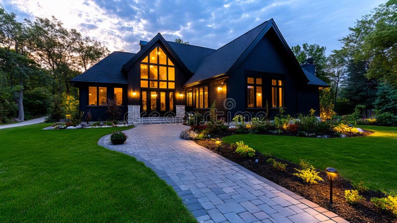 A Walkway Leads To a Large Black House in the Evening Stock Photo ...