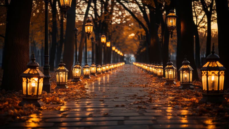 Walkway Lined with Lanterns in the Fall. Generative AI. Stock ...