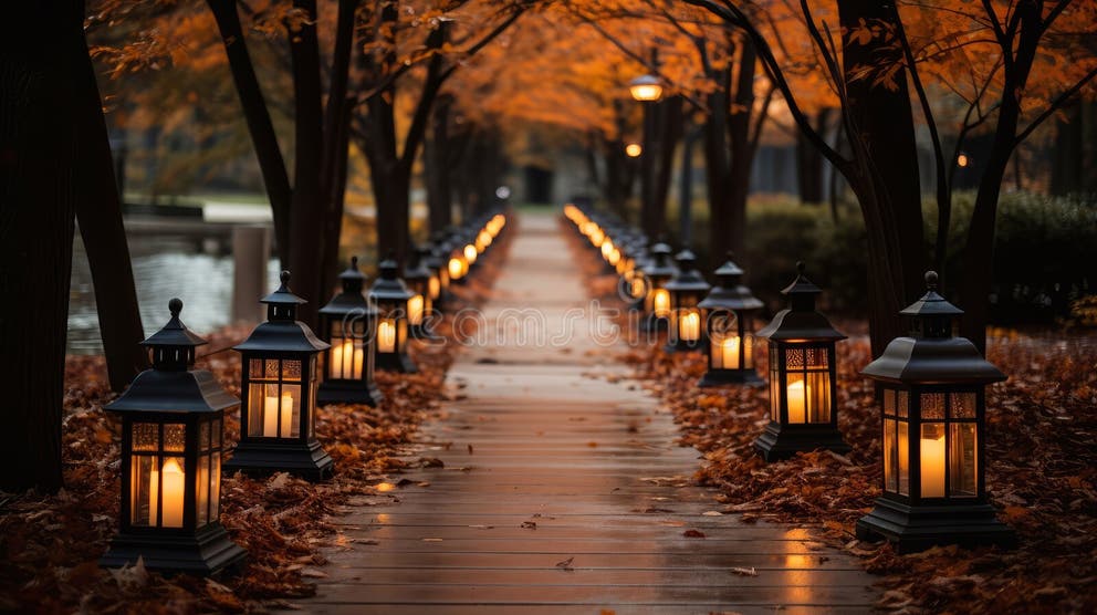 Walkway Lined with Lanterns in the Fall. Generative AI. Stock Image ...
