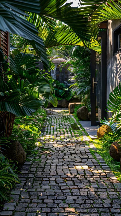 A Walkway Lined with Palm Trees and Stone Stock Photo - Image of lush ...