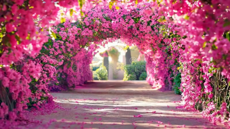A Walkway Lined with Pink Flowers in the Middle of a Park Stock Footage ...