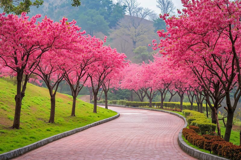 A Walkway Lined with Pink Flowers in the Middle of a Park Stock Photo ...