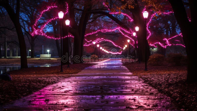 A Walkway Lined with Pink Lights in a Park Stock Illustration ...