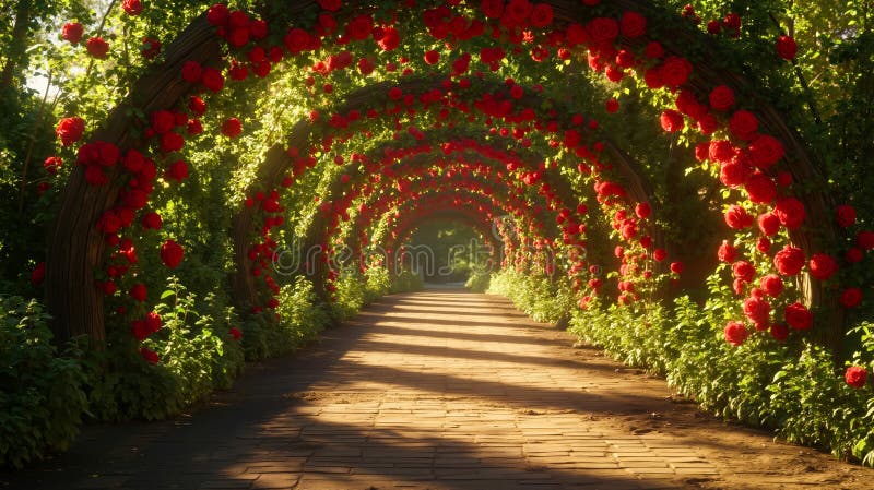 A Walkway Lined with Red Roses in the Middle of a Garden Stock Photo ...