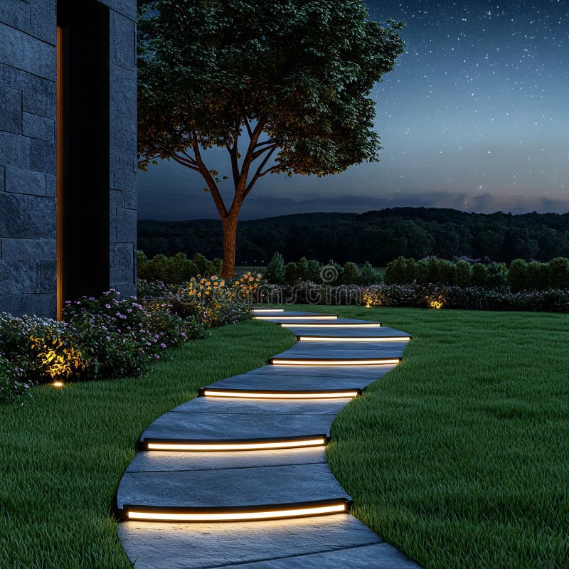 A Walkway Lit Up at Night in a Grassy Area Next To a Tree Stock Image ...