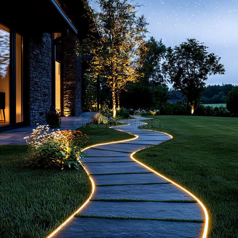 A Walkway in the Middle of a Grassy Area at Night Stock Photo - Image ...
