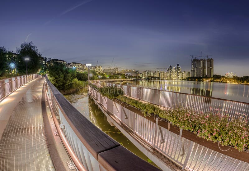 Walkway Night View in the Lake Stock Photo - Image of bridge, night ...