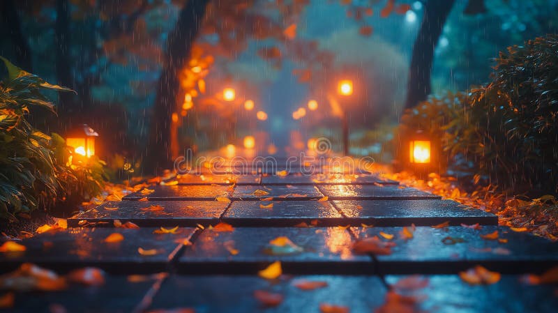 A Walkway with a Path of Leaves and Rain. the Path is Lit by Lanterns ...