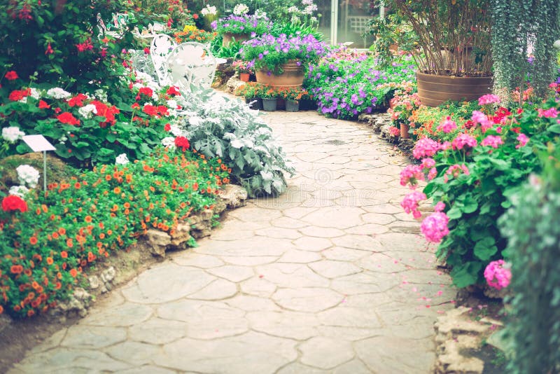 Walkway Pathway in Flower Garden Park Stock Photo - Image of design ...