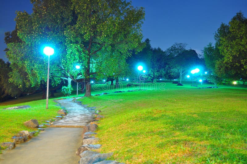 Walkway in a Peaceful Park, by Night Stock Image - Image of trees, lush ...