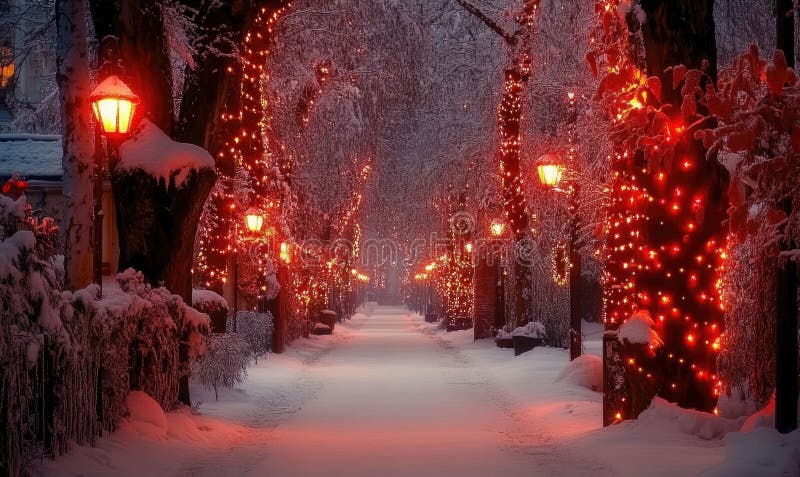 A Walkway with Red Lights and Snow Stock Photo - Image of beautiful ...