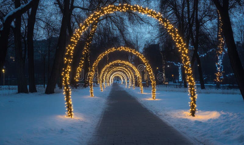 A Walkway with a Series of Arches Lit Up with Lights Stock Image ...