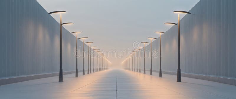 A Walkway with Three Street Lights on Either Side. Stock Photo - Image ...