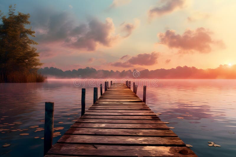 Walkway To a Lake in Perspective and with a Sunrise Stock Illustration ...