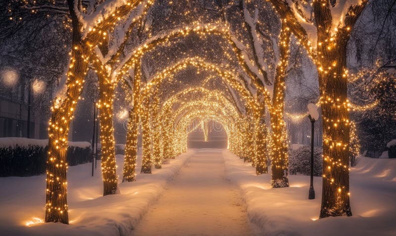 A Walkway with Trees Lit Up with Christmas Lights Stock Image - Image ...