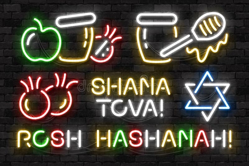 Vector Set of Realistic Isolated Neon Sign of Rosh Hashanah Logo for ...