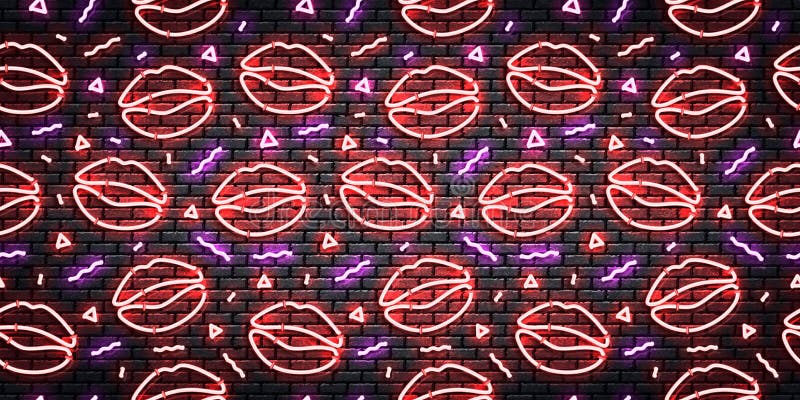 Vector Realistic Isolated Neon Sign of Lips Seamless Pattern Logo for ...