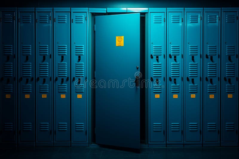 Wall of Blue Lockers with One Door Open Light Shining Inside Creating ...