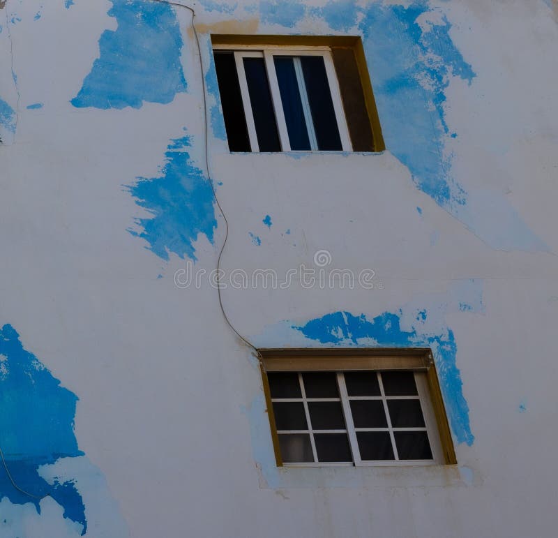 Wall with Blue Peeling Paint and Windows in View Stock Illustration ...