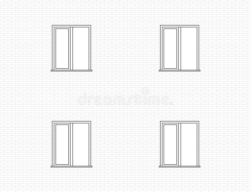 Wall of a Brick House with Four Windows. Contour Drawing Isolated on ...
