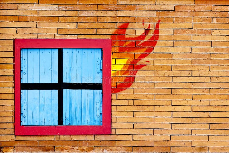 Wall Brick with Window in Fire Stock Photo - Image of material, line ...