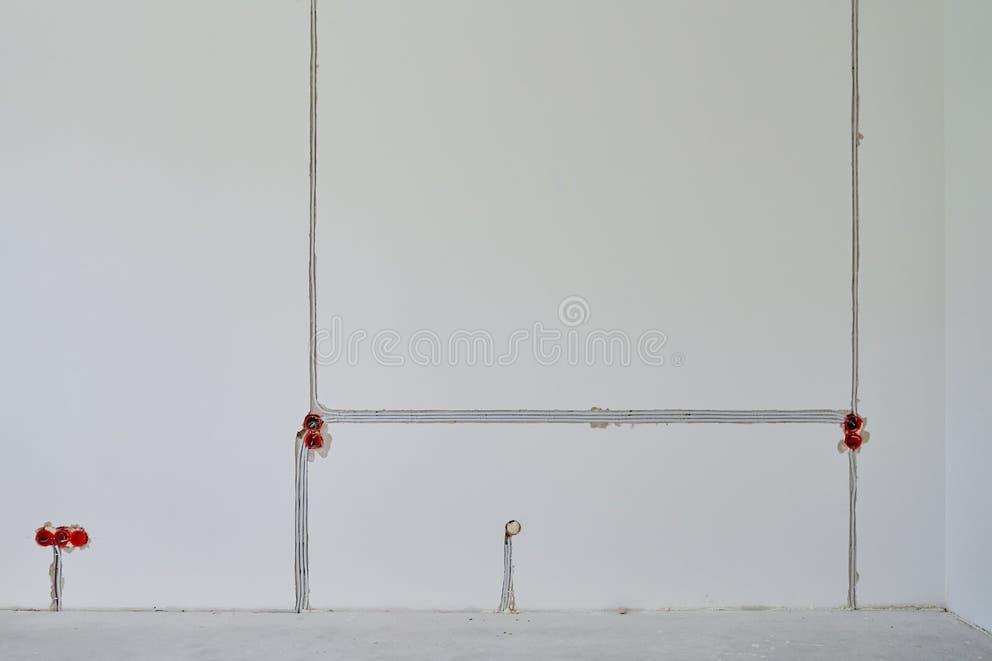 Wall with Cables and Sockets Under Construction. Electrical Wiring ...