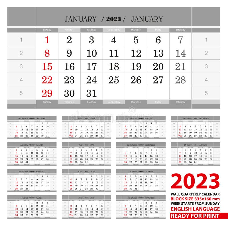 2023 Wall Calendar in English Languages. Week Start from Sunday Stock ...