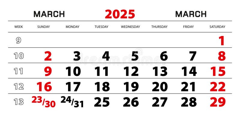 Wall Calendar 2025 for March, Week Start from Sunday Stock Vector ...