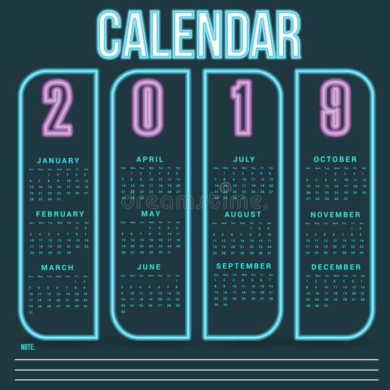 Wall Calendar Neon Template for 2019 Year Stock Illustration ...