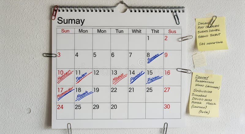 Wall Calendar with Paper Clips and Sticky Notes for Planning Stock ...