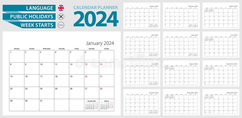 Wall Calendar Planner 2024 in English, Week Starts in Monday Stock ...