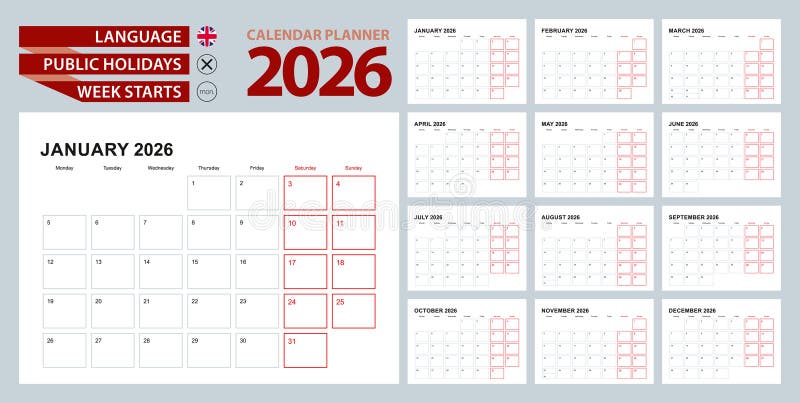 Wall Calendar Planner 2026 in English, Week Starts in Monday Stock Vector - Illustration of ...