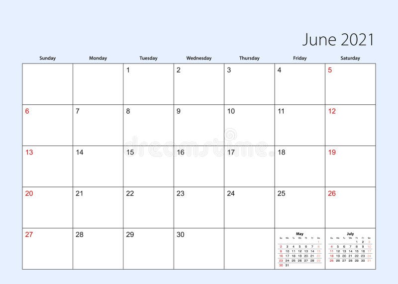June 2021 Simple Calendar Planner, Week Starts from Monday Stock Vector ...