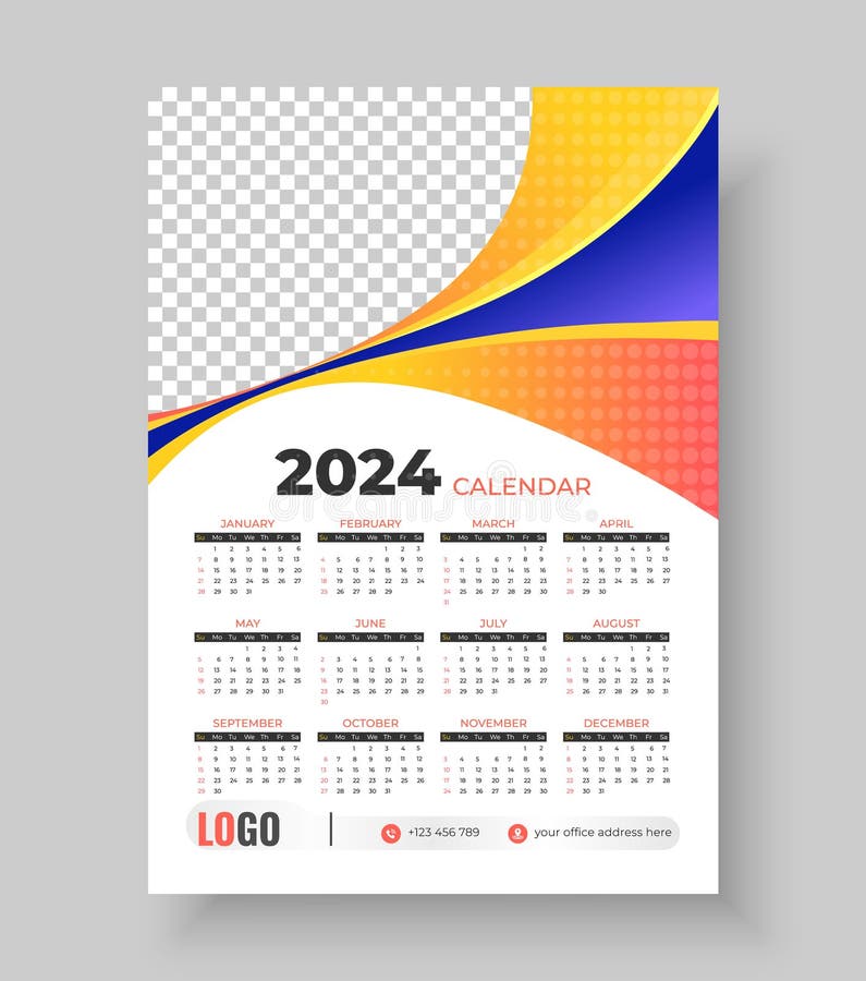 2024 Wall Calendar Template One Page Design, Week Start Sunday, Simple ...