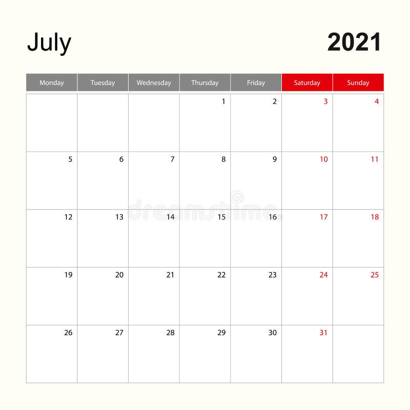 July 2021 Simple Calendar Planner, Week Starts from Monday Stock Vector ...