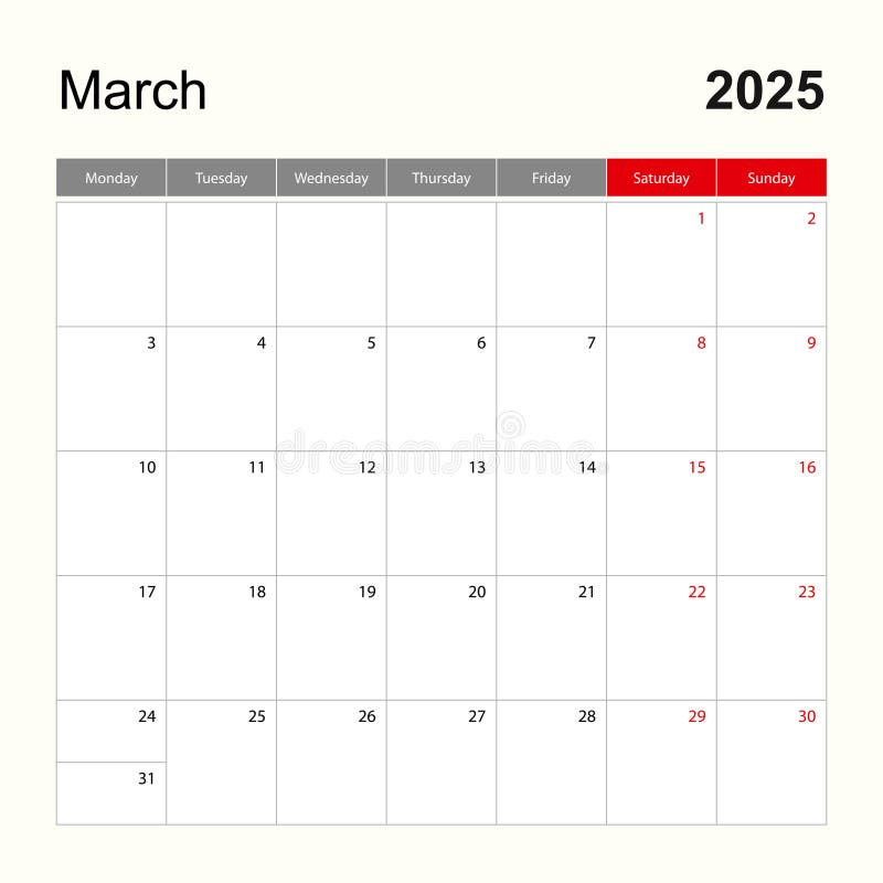 Wall Calendar Template for March 2025. Holiday and Event Planner, Week ...