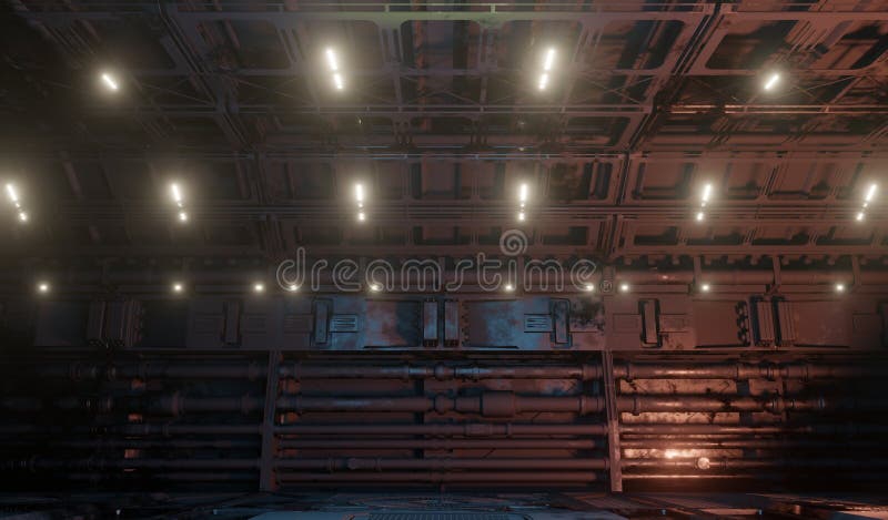 Wall and Ceiling Metal Control Room Laboratory in Dark Scene Stock ...