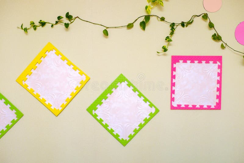 Wall of Children Elementary School Decorated Frames Like Puzzles Stock ...