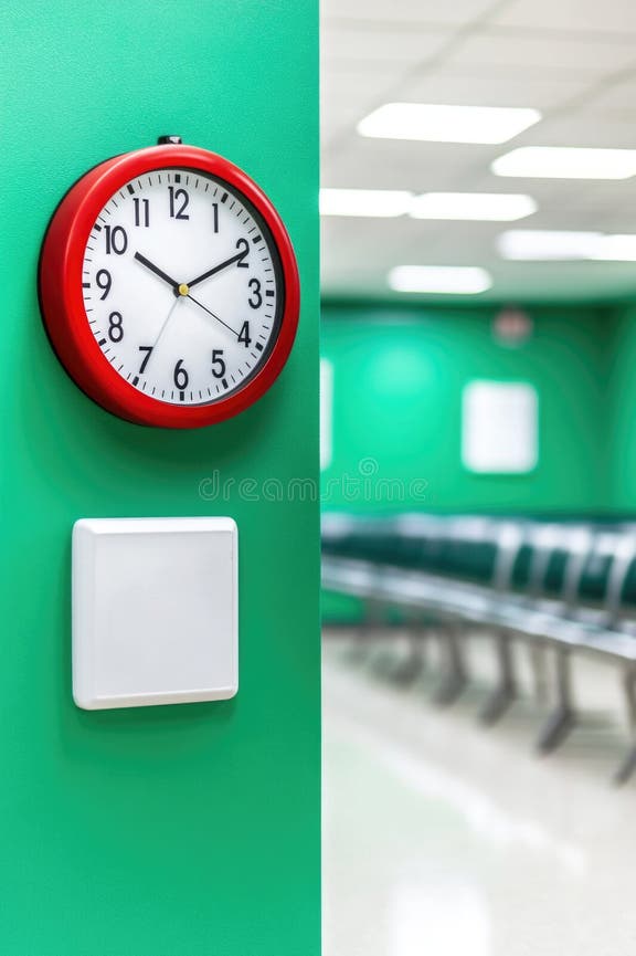 Wall Clock in Bright Waiting Room with Green Interior and Empty Benches ...
