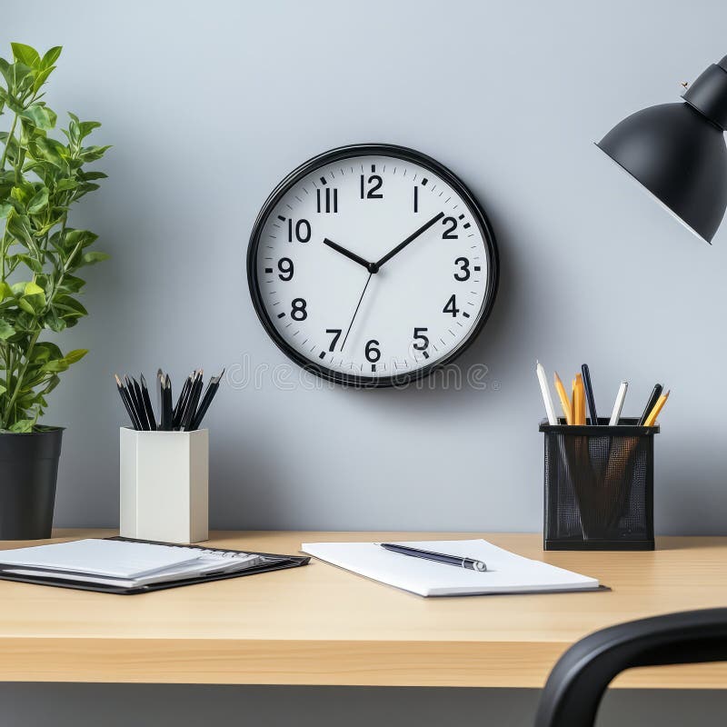 Wall Clock in Office Setting with Desk, Lamp, and Plants Creates ...