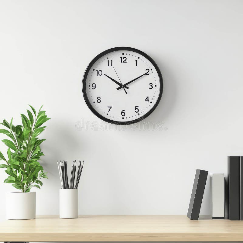 Wall Clock in Office Setting with Plant and Stationery Stock ...